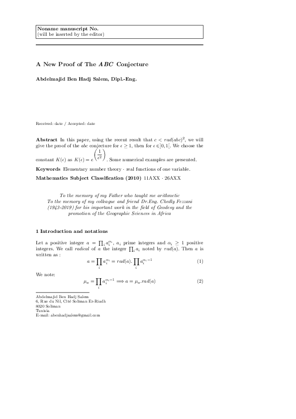 (PDF) A New Proof of The ABC Conjecture