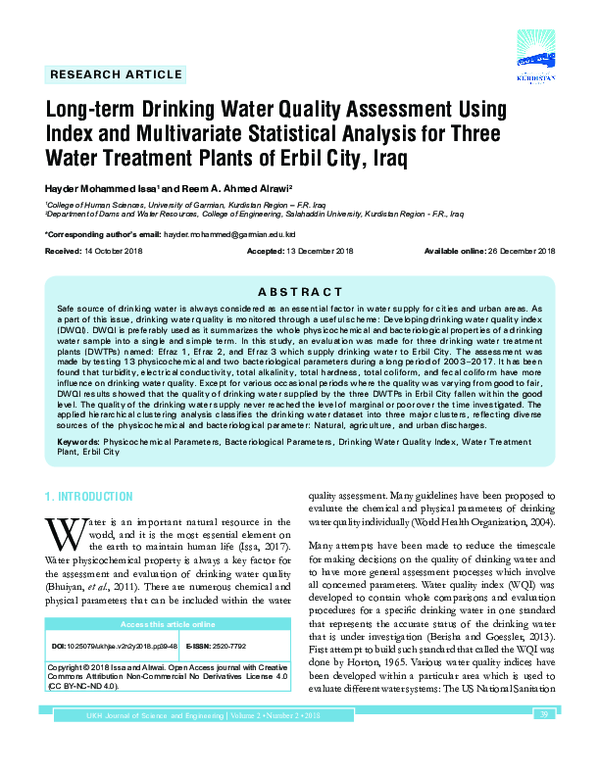 Pdf Long Term Drinking Water Quality Assessment Using Index And Multivariate Statistical