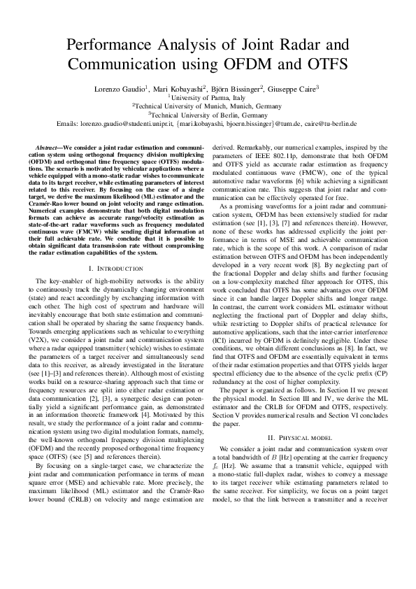 Pdf Performance Analysis Of Joint Radar And Communication Using Ofdm And Otfs