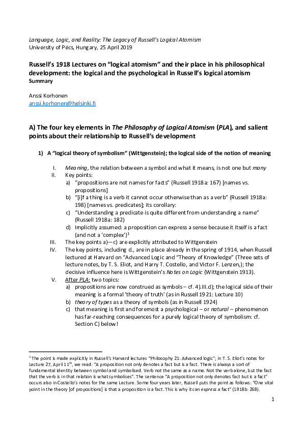 (PDF) Russell’s 1918 Lectures on “logical atomism” and their place in ...