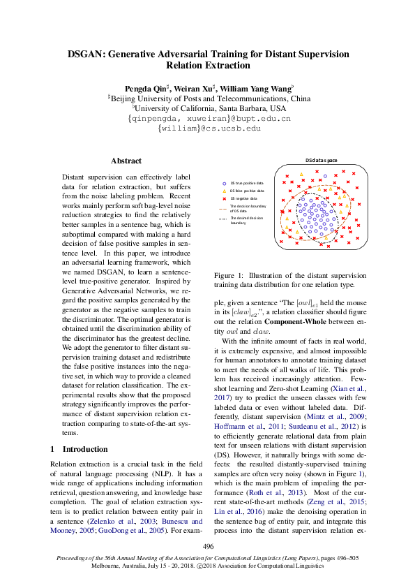 (PDF) DSGAN: Generative Adversarial Training for Distant Supervision Relation Extraction