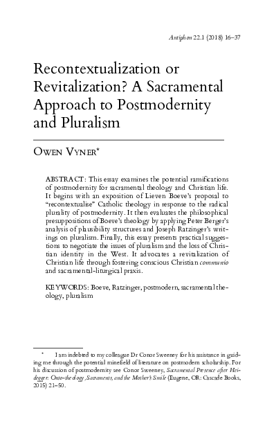 (PDF) Recontextualization or Revitalization? A Sacramental Approach to ...