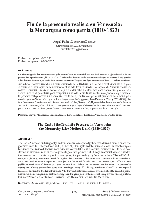 (PDF) Fin de la presencia realista en Venezuela: la Monarquía como ...