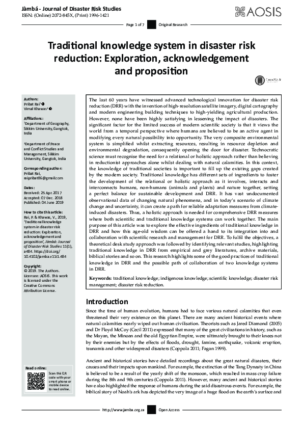 (PDF) Traditional knowledge system in disaster risk reduction ...