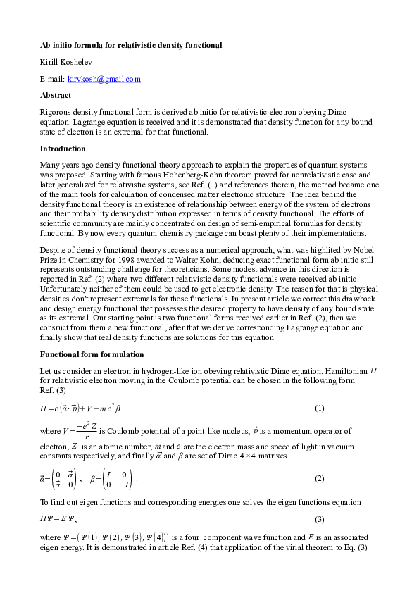 Pdf Ab Initio Formula For Relativistic Density Functional K