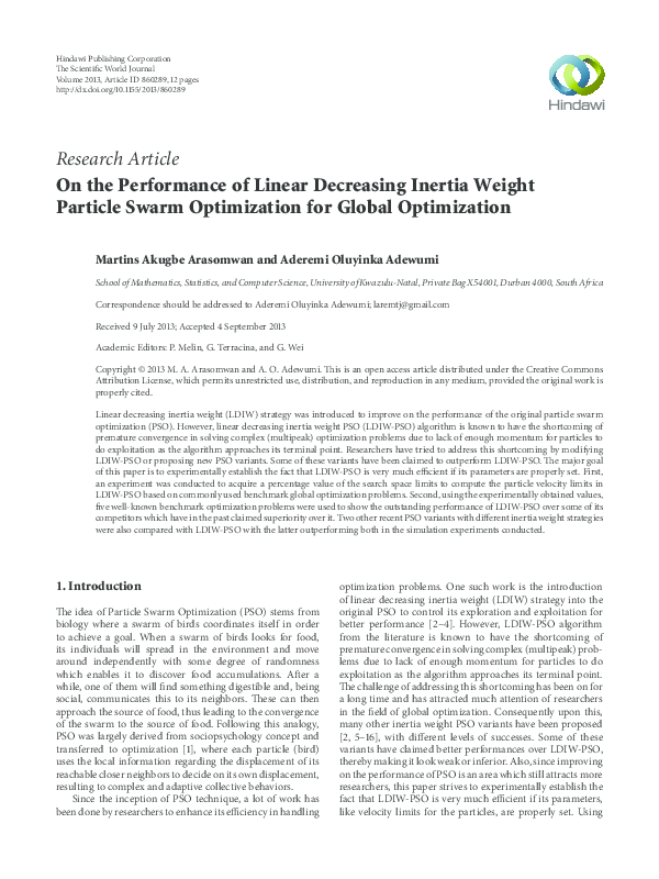 (PDF) On the Performance of Linear Decreasing Inertia Weight Particle Swarm Optimization for ...