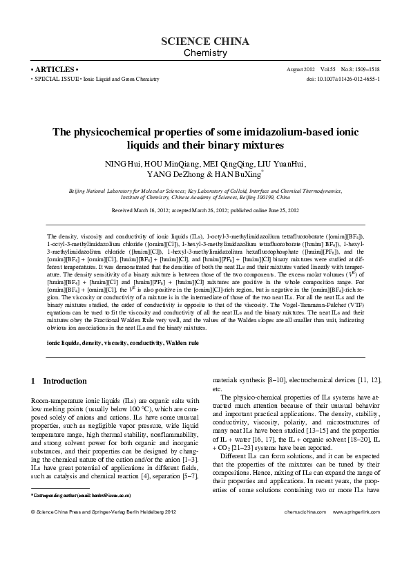 (PDF) The physicochemical properties of some imidazolium-based ionic liquids and their binary ...