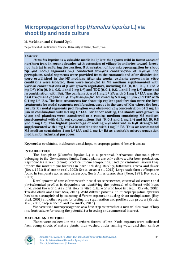 (PDF) Micropropagation of hop (Humulus lupulus L.) via shoot tip and ...