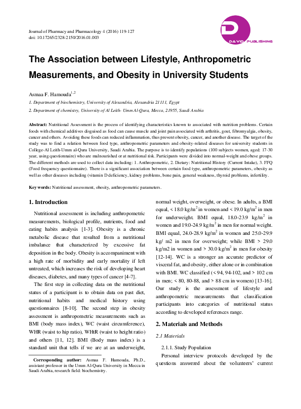 Pdf The Association Between Lifestyle Anthropometric Measurements And Obesity In University