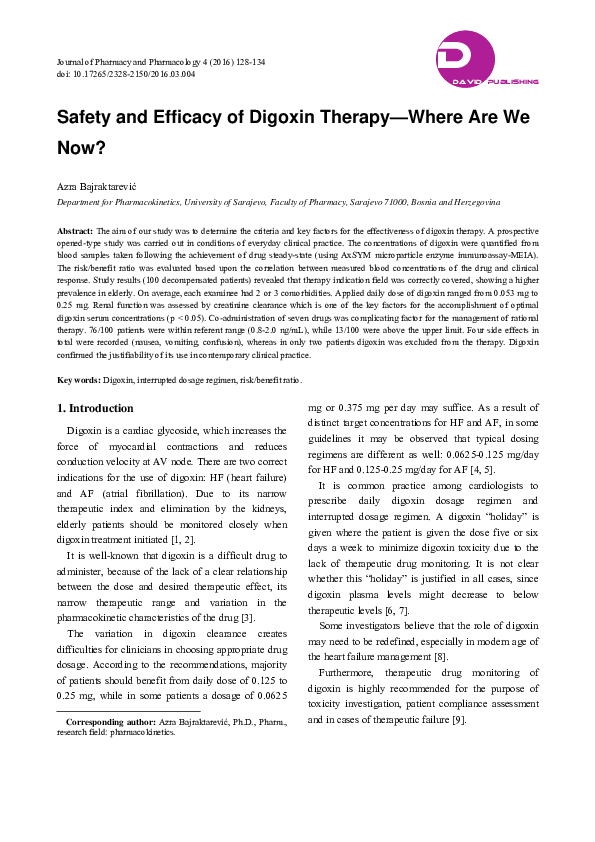 (PDF) Safety and Efficacy of Digoxin Therapy-Where Are We Now