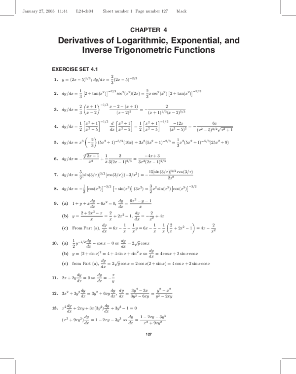 Pdf Derivatives Of Logarithmic Exponential And Inverse Trigonometric Functions Exercise Set