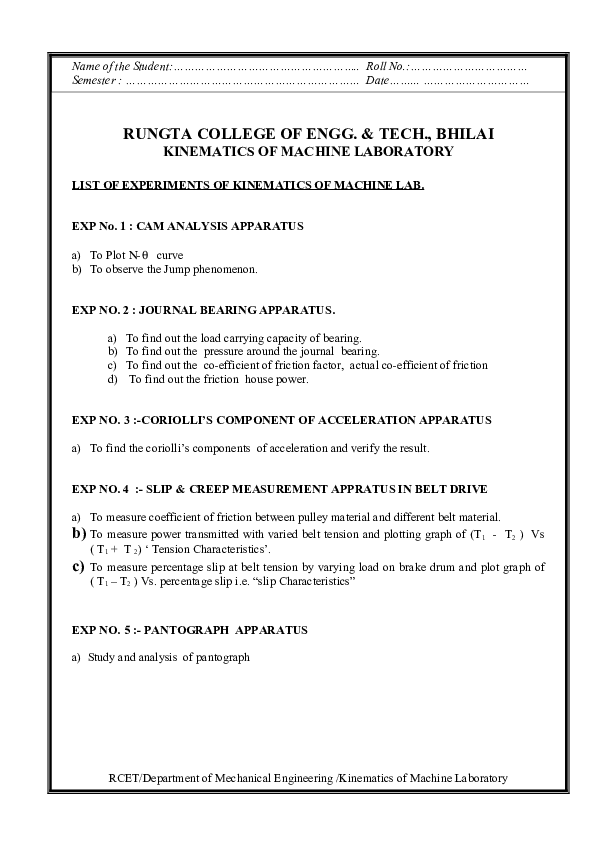 (PDF) KINEMATICS OF MACHINE LABORATORY LIST OF EXPERIMENTS OF ...