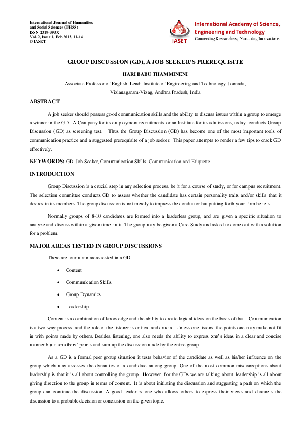 (PDF) GROUP DISCUSSION (GD), A JOB SEEKER'S PREREQUISITE