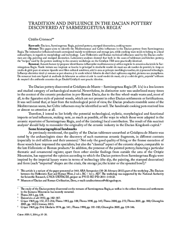 (PDF) Tradition and Influence in the Dacian Pottery Discovered at ...