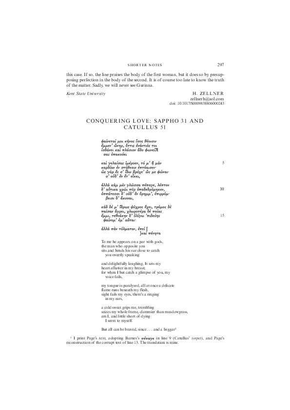 (PDF) Conquering Love: Sappho 31 and Catullus 51, CQ 2006