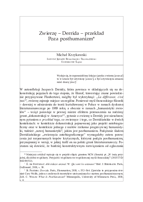 (PDF) Zwierzę - Derrida - przekład. Poza posthumanizm