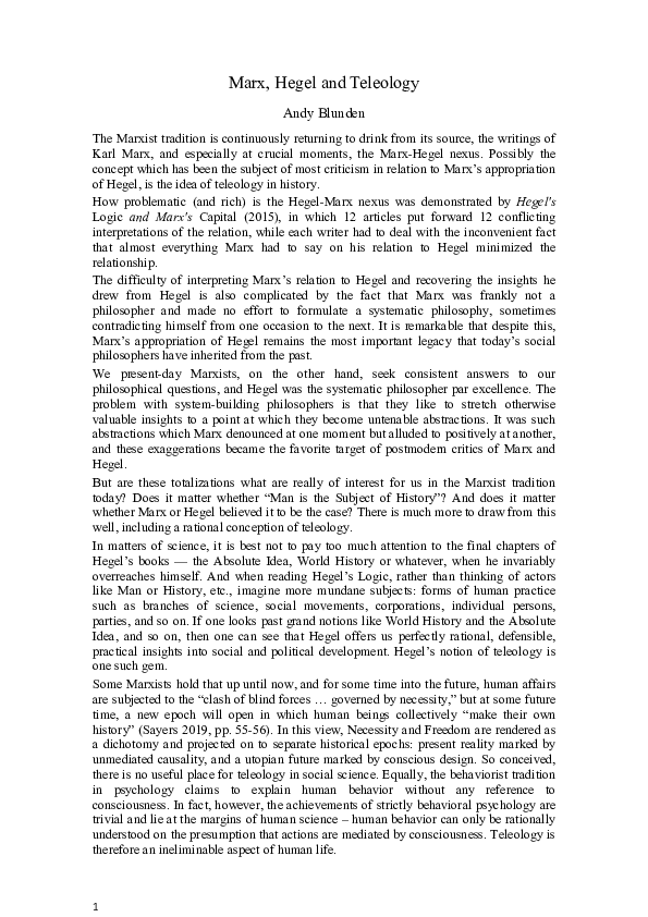 (PDF) Marx, Hegel and Teleology