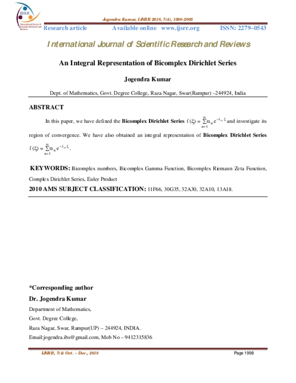 (PDF) An Integral Representation of Bicomplex Dirichlet Series
