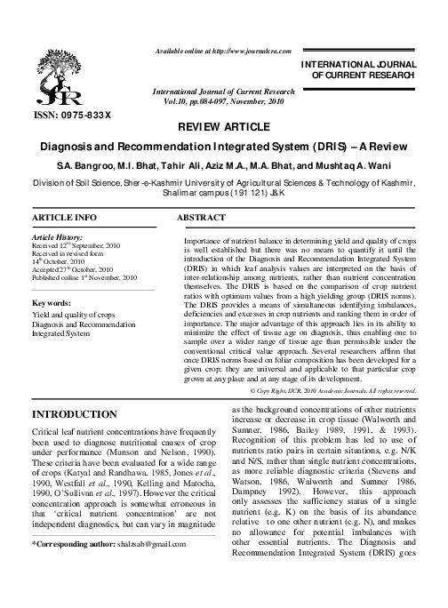 (PDF) Diagnosis and Recommendation Integrated System (DRIS) -A Review