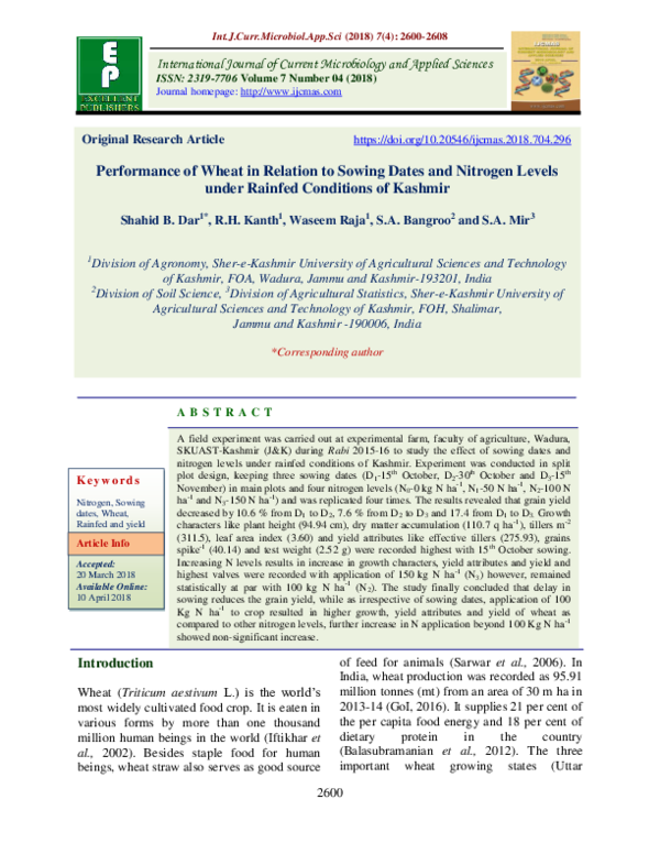 Pdf Performance Of Wheat In Relation To Sowing Dates And Nitrogen