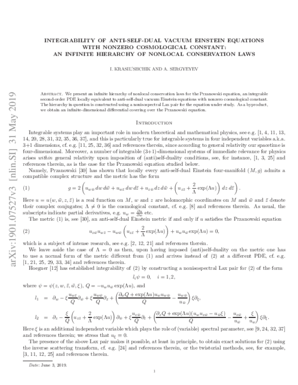 (PDF) INTEGRABILITY OF ANTI-SELF-DUAL VACUUM EINSTEIN EQUATIONS WITH ...