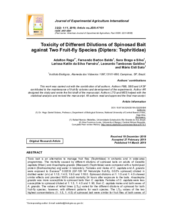(PDF) Toxicity of Different Dilutions of Spinosad Bait against Two Fruit-fly Species (Diptera ...