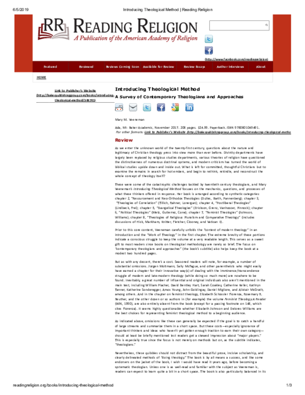 (PDF) Review of Veeneman's "Introducing Theological Method" (Baker ...