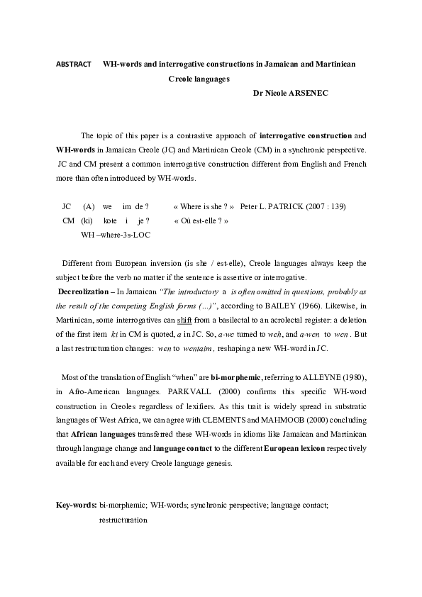 (PDF) ABSTRACT WH-words and interrogative constructions in Jamaican and ...