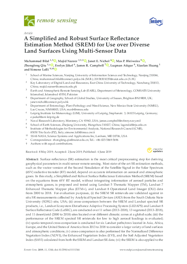 (PDF) A Simplified and Robust Surface Reflectance Estimation Method (SREM) for Use over Diverse ...
