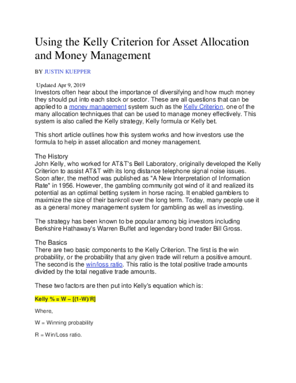 (DOC) Using the Kelly Criterion for Asset Allocation and Money Management