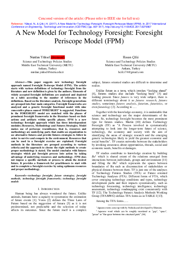 (PDF) A New Model for Technology Foresight: Foresight Periscope Model (FPM)