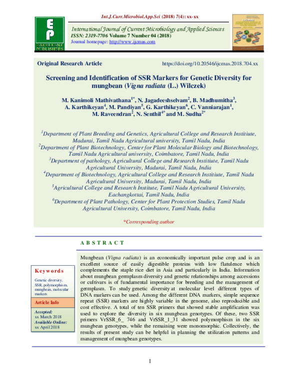 (PDF) Screening and Identification of SSR Markers for Genetic Diversity for mungbean (Vigna ...