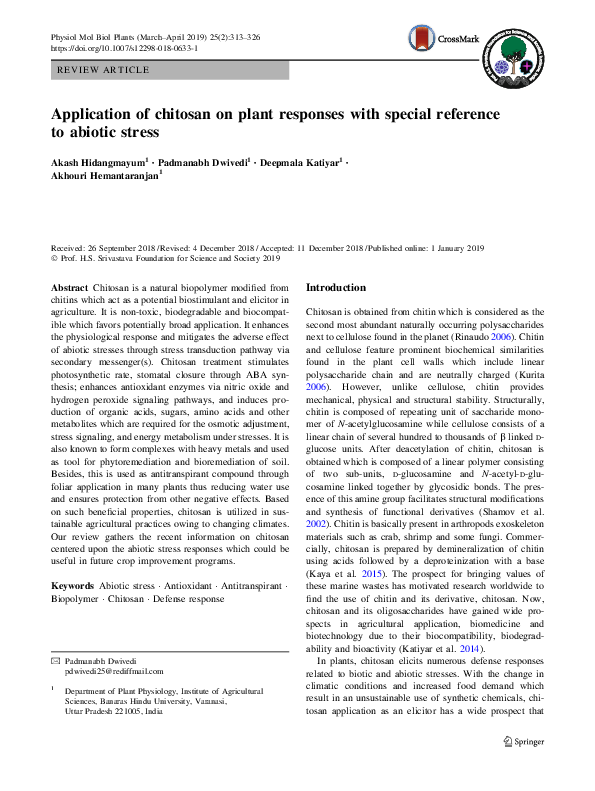 (PDF) Application of chitosan on plant responses with special reference to abiotic stress