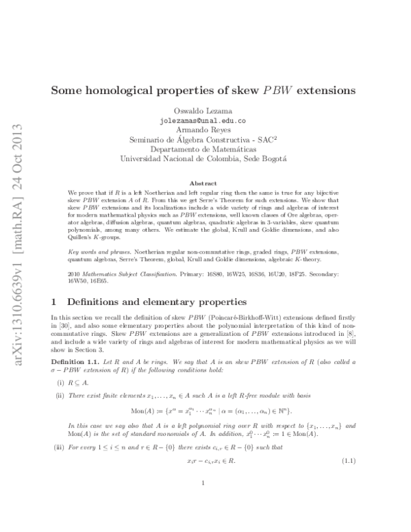 (PDF) Some Homological Properties of Skew PBW Extensions | Armando ...