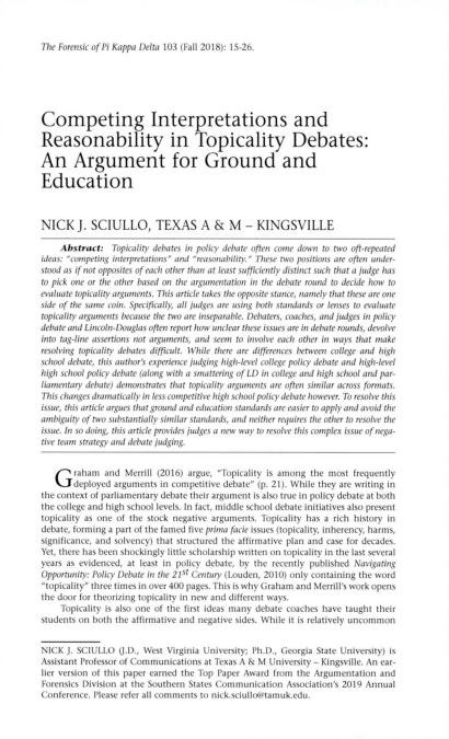 (PDF) Competing Interpretations and Reasonability in Topicality Debates ...