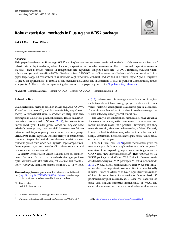 Pdf Robust Statistical Methods In R Using The Wrs2 Package