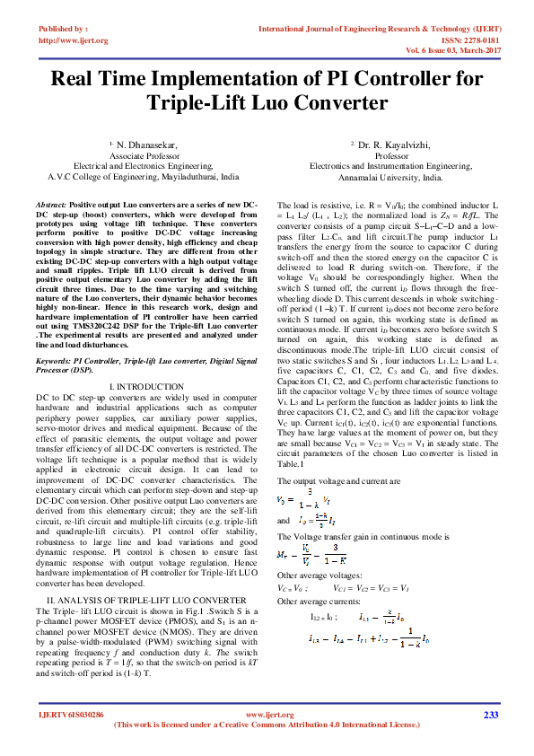 (PDF) IJERT-Real time implementation of pi controller for triple lift luo converter