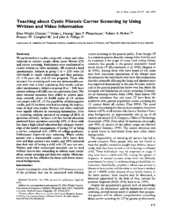 (PDF) Teaching about cystic fibrosis carrier screening by using written ...