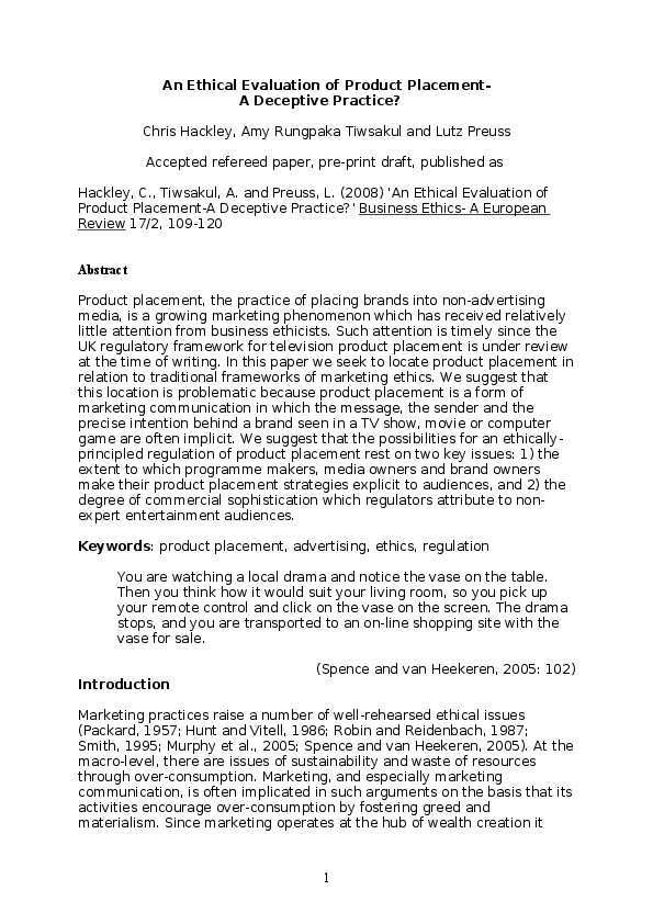 (DOC) An ethical evaluation of product placement: a deceptive practice ...