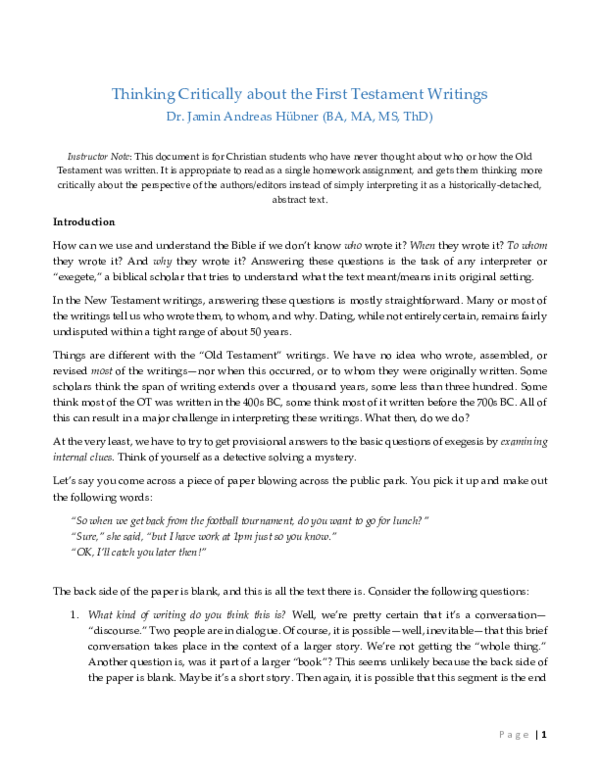 (PDF) Thinking Critically about the First Testament Writings