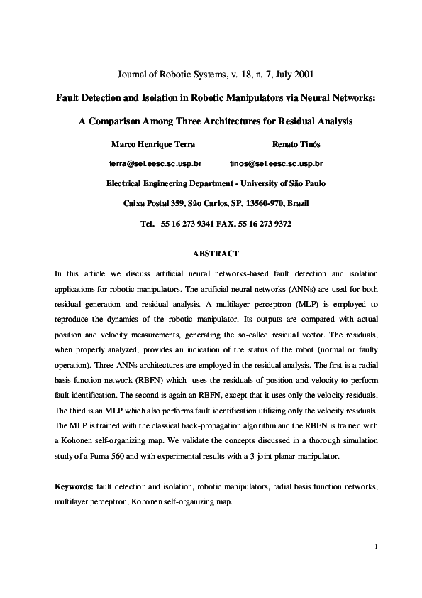 Pdf Fault Detection And Isolation In Robotic Manipulators Via Neural Networks A Comparison