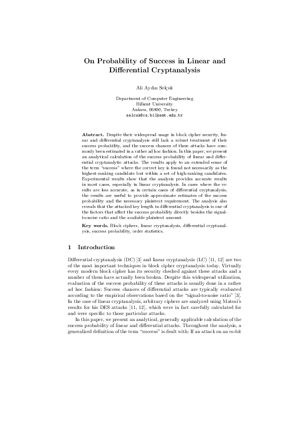 (PDF) On probability of success in linear and differential cryptanalysis