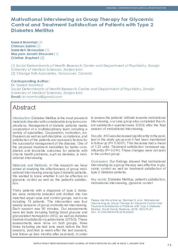 (PDF) Motivational Interviewing as Group Therapy for Glycemic Control ...