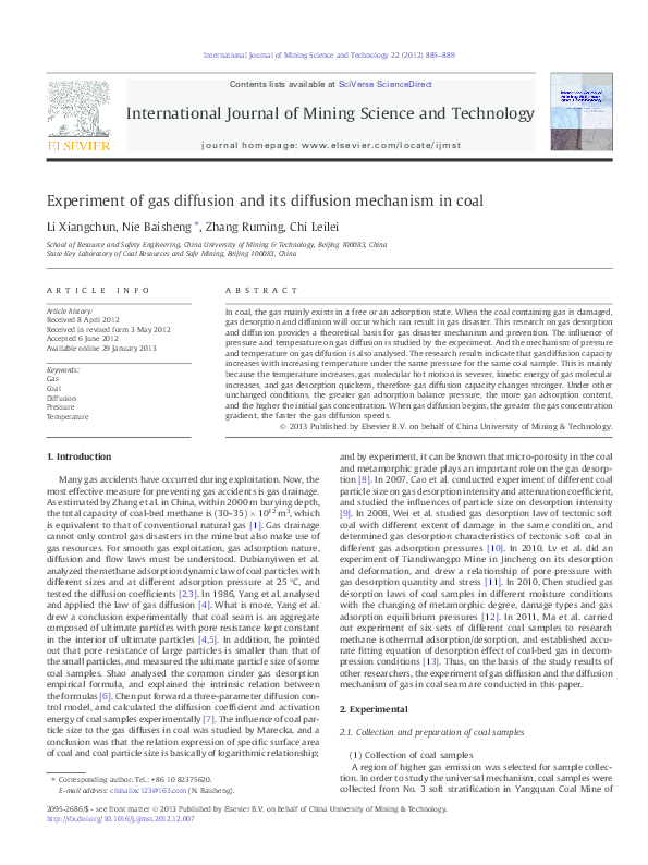 Pdf Experiment Of Gas Diffusion And Its Diffusion Mechanism In Coal
