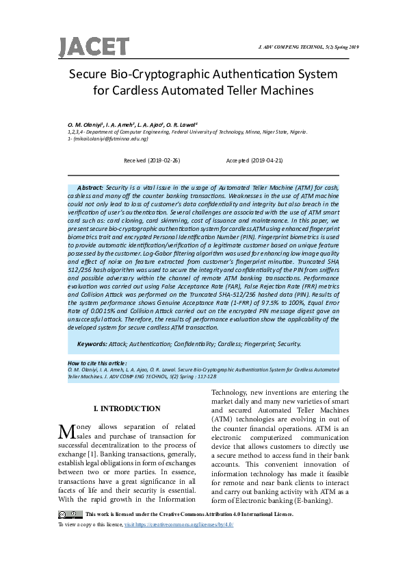 Pdf Secure Bio Cryptographic Authentication System For Cardless Automated Teller Machines