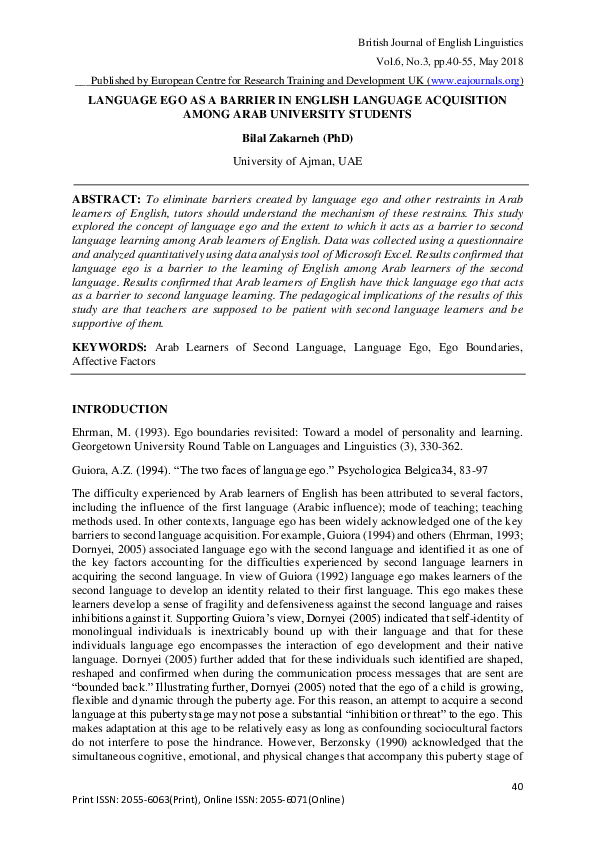 (PDF) LANGUAGE EGO AS A BARRIER IN ENGLISH LANGUAGE ACQUISITION AMONG ...