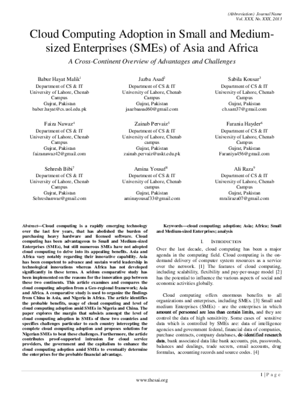 (PDF) Cloud Computing Adoption in Small and Medium- sized Enterprises (SMEs) of Asia and Africa ...