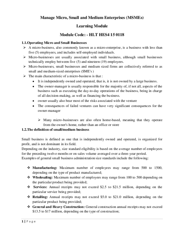 (DOC) Manage Micro, Small and Medium Enterprises (MSMEs)