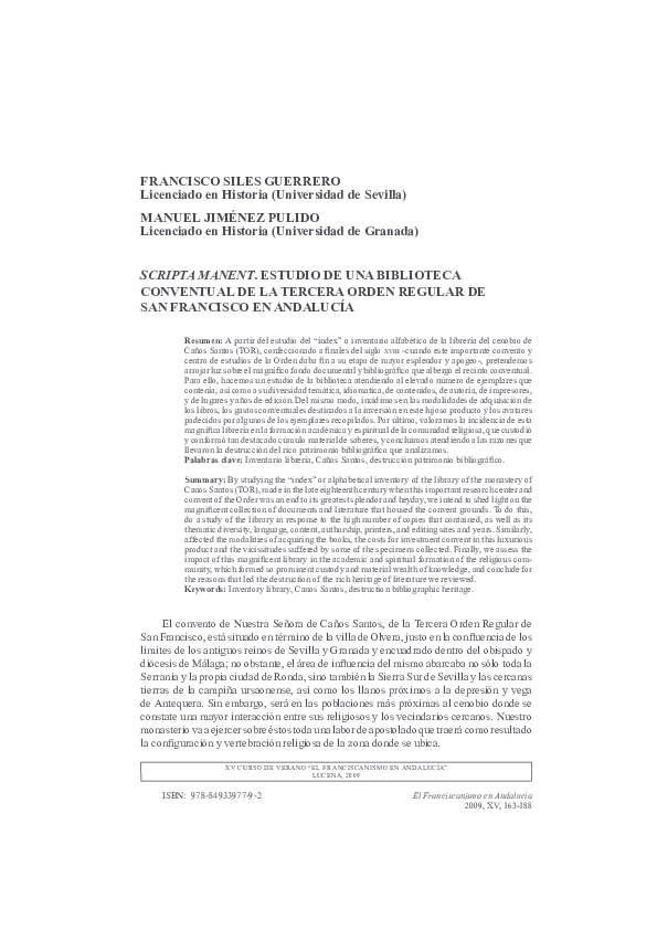 (PDF) Scripta manent. Estudio de una biblioteca conventual de la Tercera Orden Regular de San ...