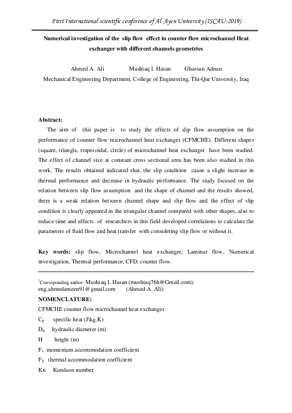 Pdf Numerical Investigation Of The Slip Flow Effect In Counter Flow